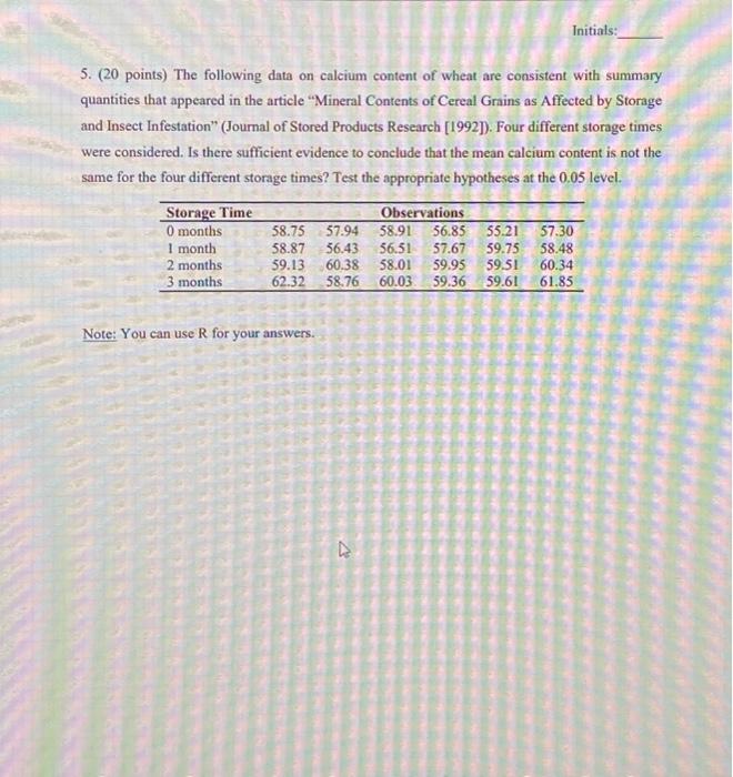 Solved 5. (20 points) The following data on calcium content | Chegg.com