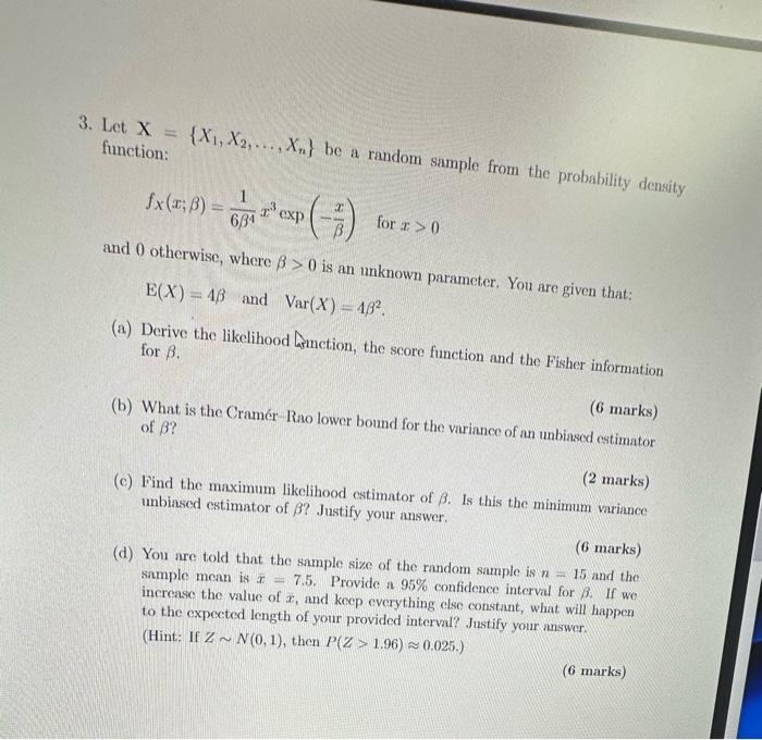 Solved 3. Let X={X1,X2,…,Xn} be a random sample from the | Chegg.com