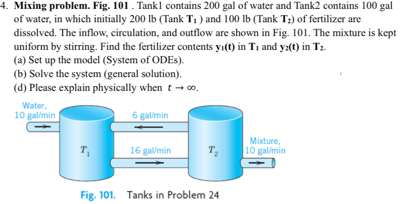 Solved Mixing problem. Fig. 101 . ﻿Tank1 ﻿contains 200 ﻿gal | Chegg.com