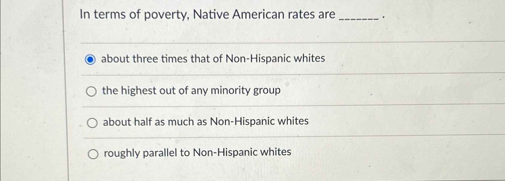 Solved In terms of poverty, Native American rates areabout | Chegg.com
