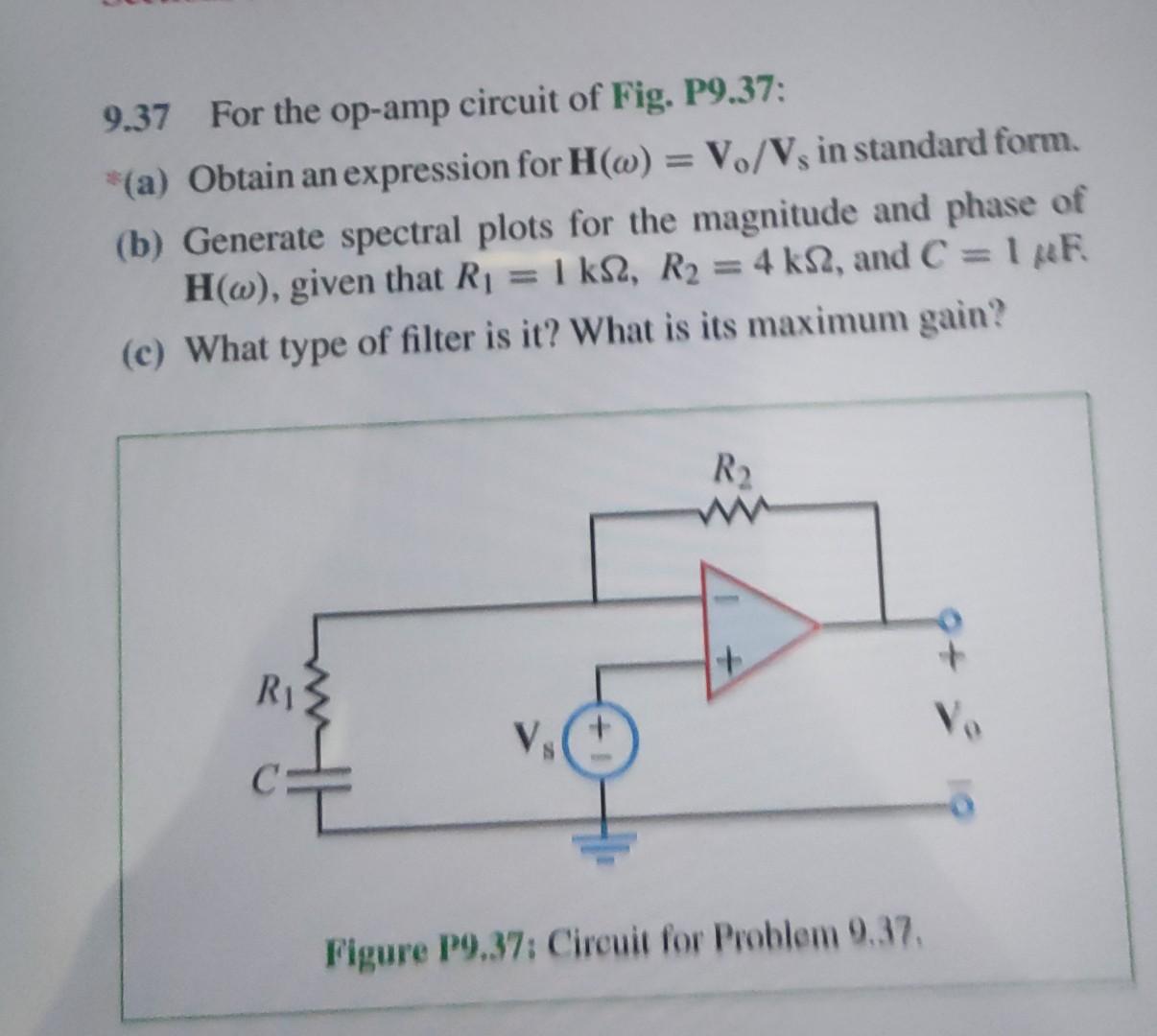 Solved 9.37 For the op-amp circuit of Fig. P9.37; *(a) | Chegg.com