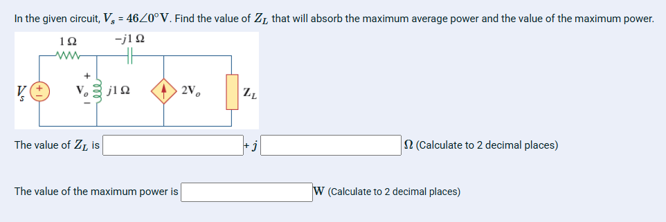 Solved In ﻿the given circuit, Vs=46?0°V. ﻿Find the value | Chegg.com
