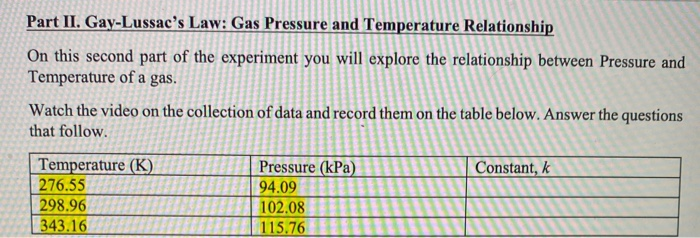 Solved Part II. Gay-Lussac's Law: Gas Pressure and | Chegg.com