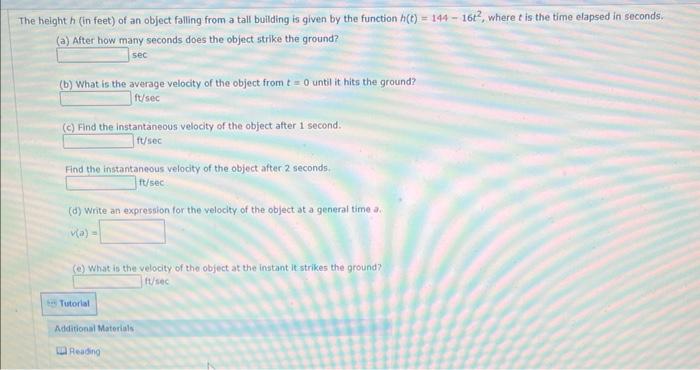 Solved He Height H In Feet Of An Object Falling From A