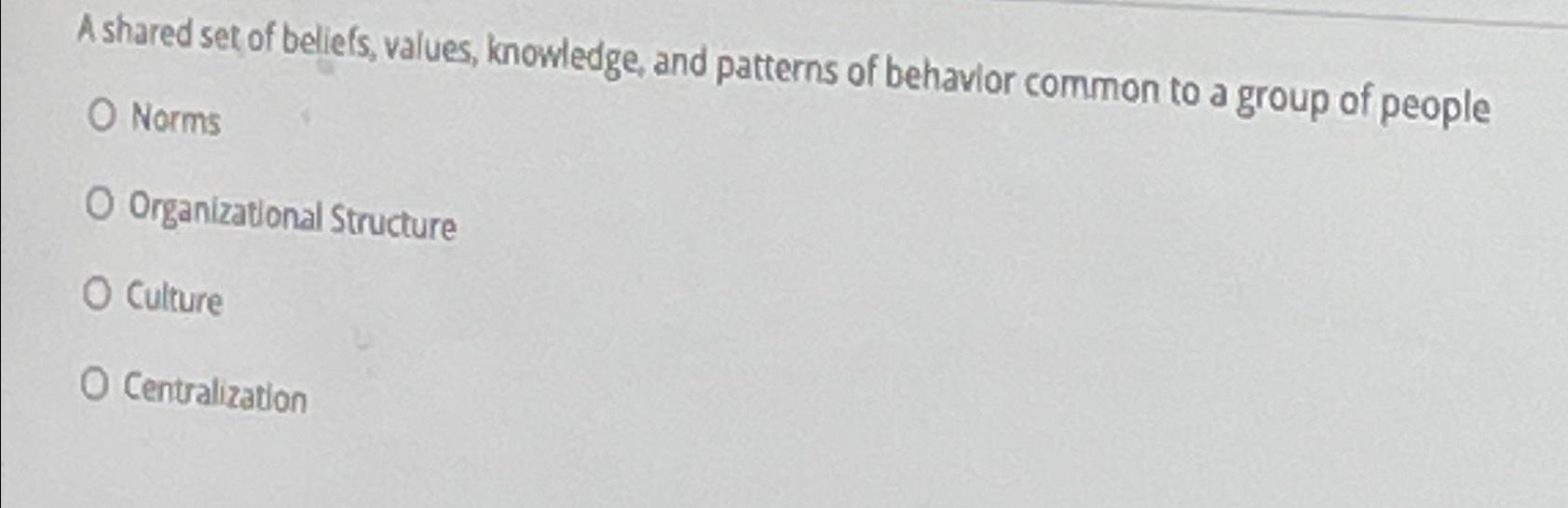 Solved A shared set of beliefs, values, knowledge, and | Chegg.com