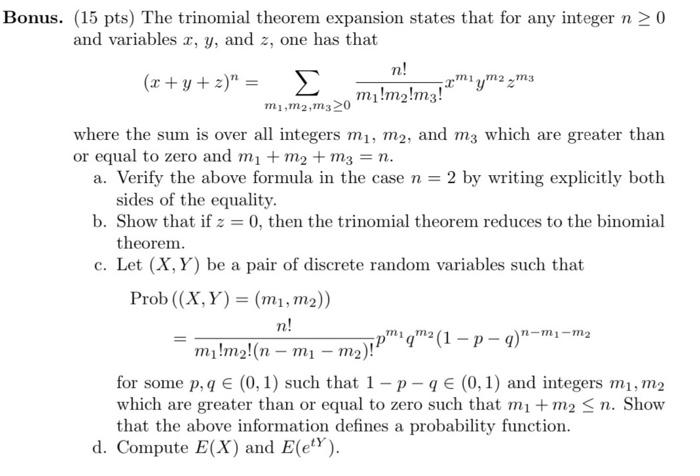 Solved Bonus. (15 pts) The trinomial theorem expansion | Chegg.com