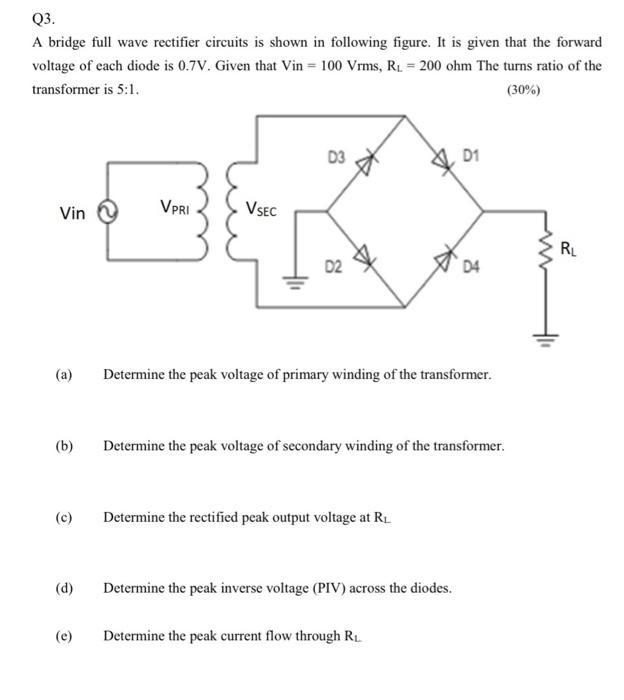 Solved Q3. A bridge full wave rectifier circuits is shown in | Chegg.com