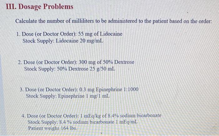 Solved NII. Dosage Problems Calculate the number of | Chegg.com
