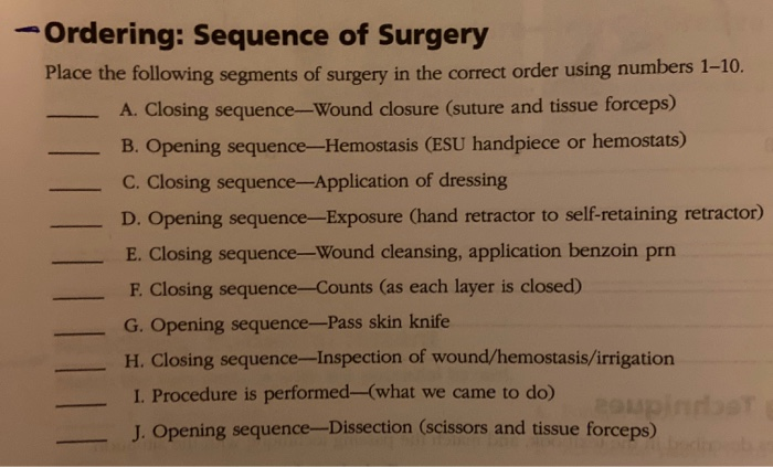 Solved - Ordering: Sequence of Surgery Place the following | Chegg.com