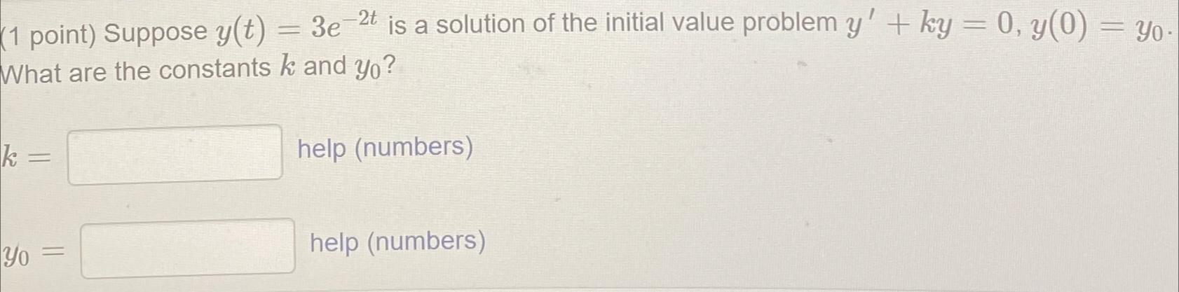 Solved (1 point) Suppose y(t)=3e-2t is a solution of the | Chegg.com Solved (1 point) Suppose y(t)=3e-2t is a solution of the | Chegg.com