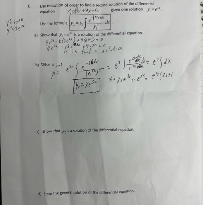 Solved equation y′′−6y′+9y=0, given one solution y1=e3x Use | Chegg.com