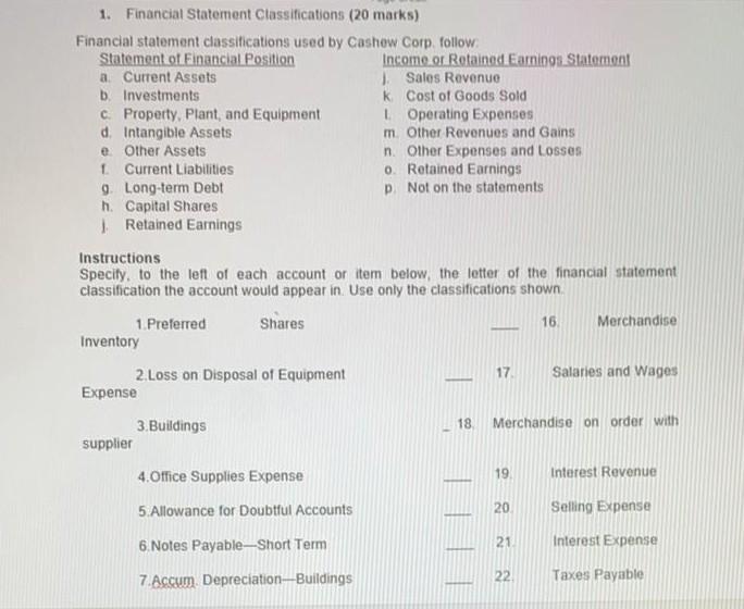 Solved 1. Financial Statement Classifications (20 marks) | Chegg.com