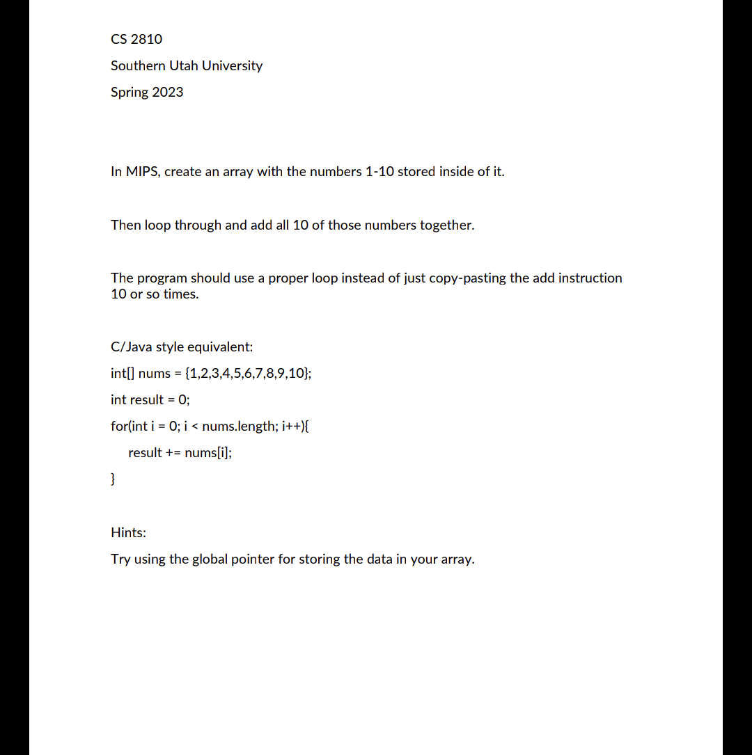 Solved CS 2810 Southern Utah University Spring 2023 In MIPS, | Chegg.com