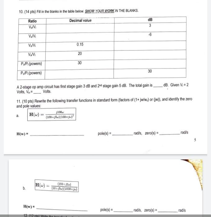 Solved 10. (14 pts) Fill in the blanks in the table below. | Chegg.com