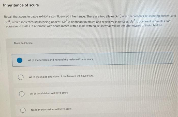 Solved Inheritance of scurs Recall that scurs in cattle | Chegg.com