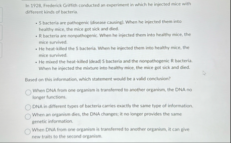 Solved In 1928, ﻿Frederick Griffith conducted an experiment | Chegg.com