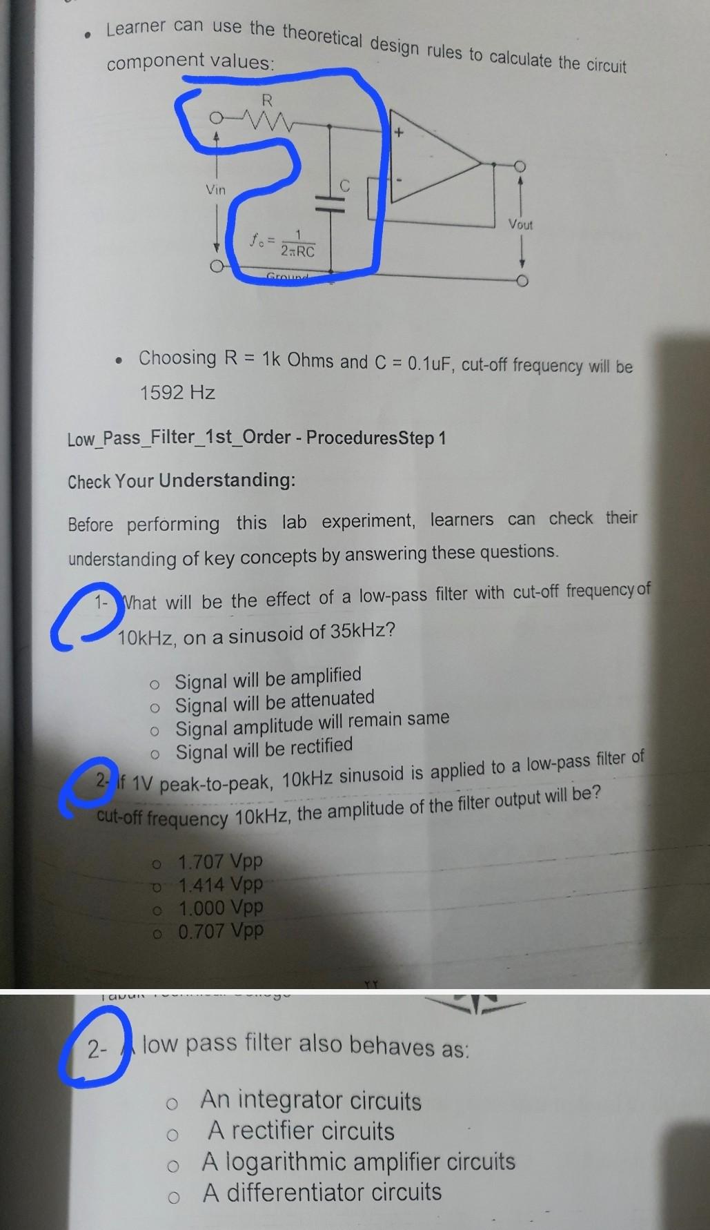 Solved - Choosing R=1k Ohms and C=0.1uF, cut-off frequency | Chegg.com
