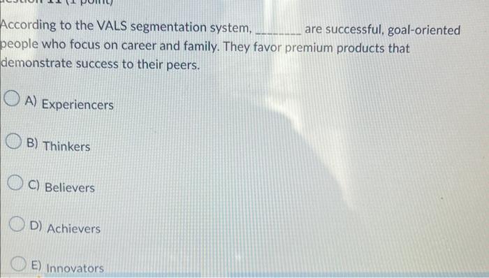 Solved According to the VALS segmentation system, ________ | Chegg.com