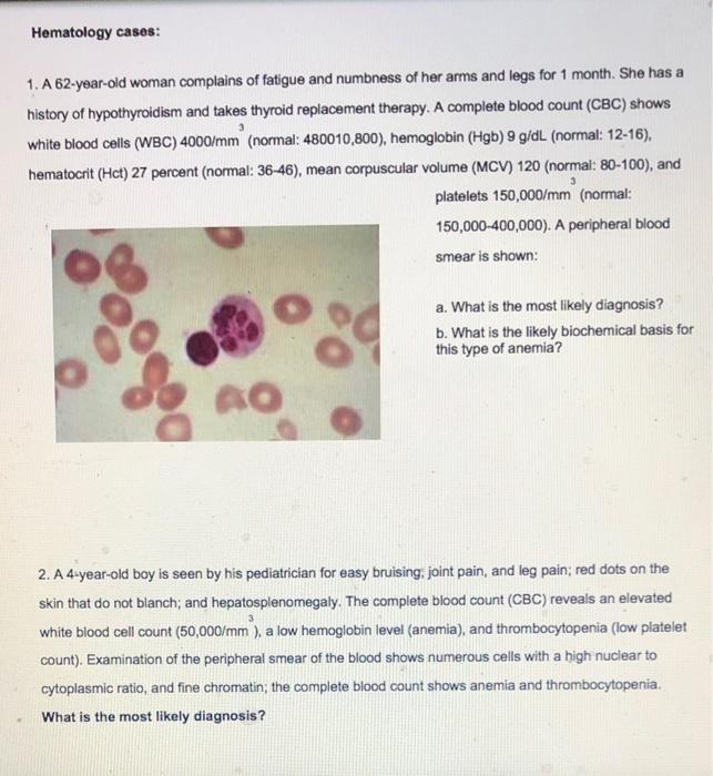Solved Hematology cases: 3 1. A 62-year-old woman complains | Chegg.com