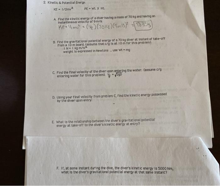 Solved 2 Kinetic & Potential Energy KE - 1/2mv2 PE - Wt. X | Chegg.com