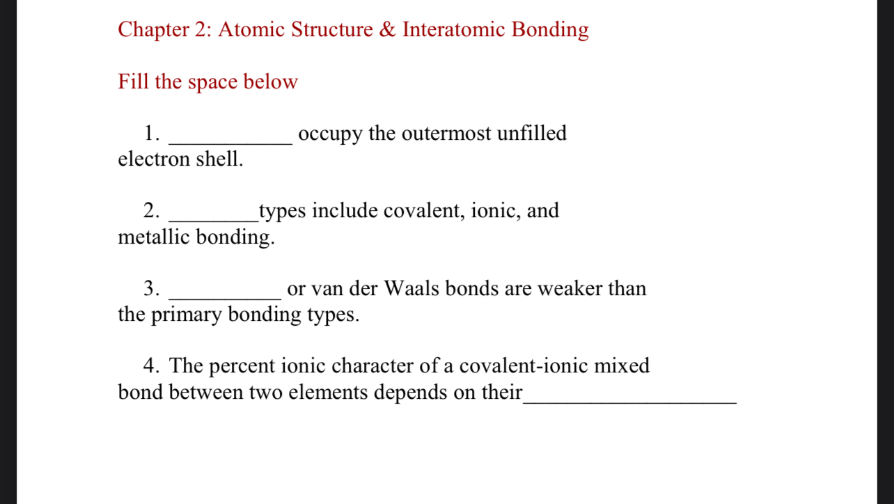 Solved Chapter 2: Atomic Structure & Interatomic BondingFill | Chegg.com