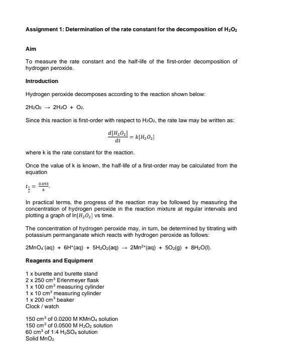 Solved Assignment 1: Determination of the rate constant for | Chegg.com