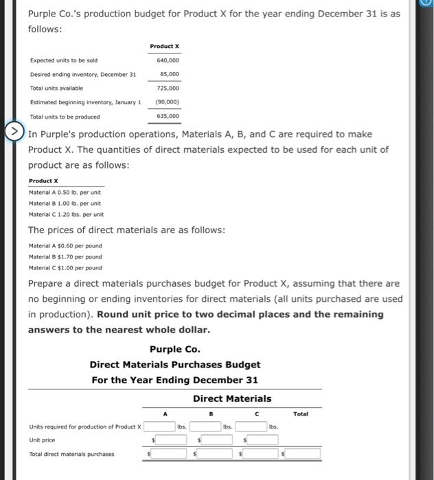 Solved Purple Co.'s production budget for Product X for the | Chegg.com