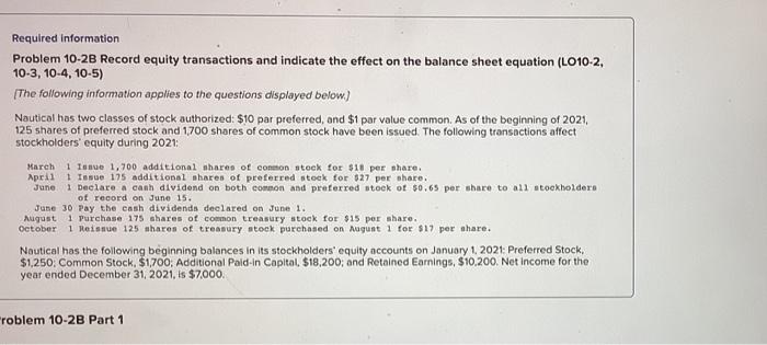 Solved Required information Problem 10-2B Record equity | Chegg.com
