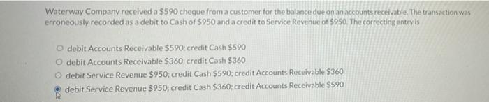 Solved Waterway Company received a $590 cheque from a | Chegg.com