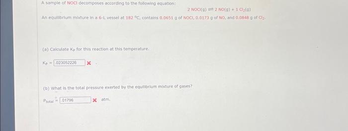 Solved A sample of NOCI decomposes according to the | Chegg.com