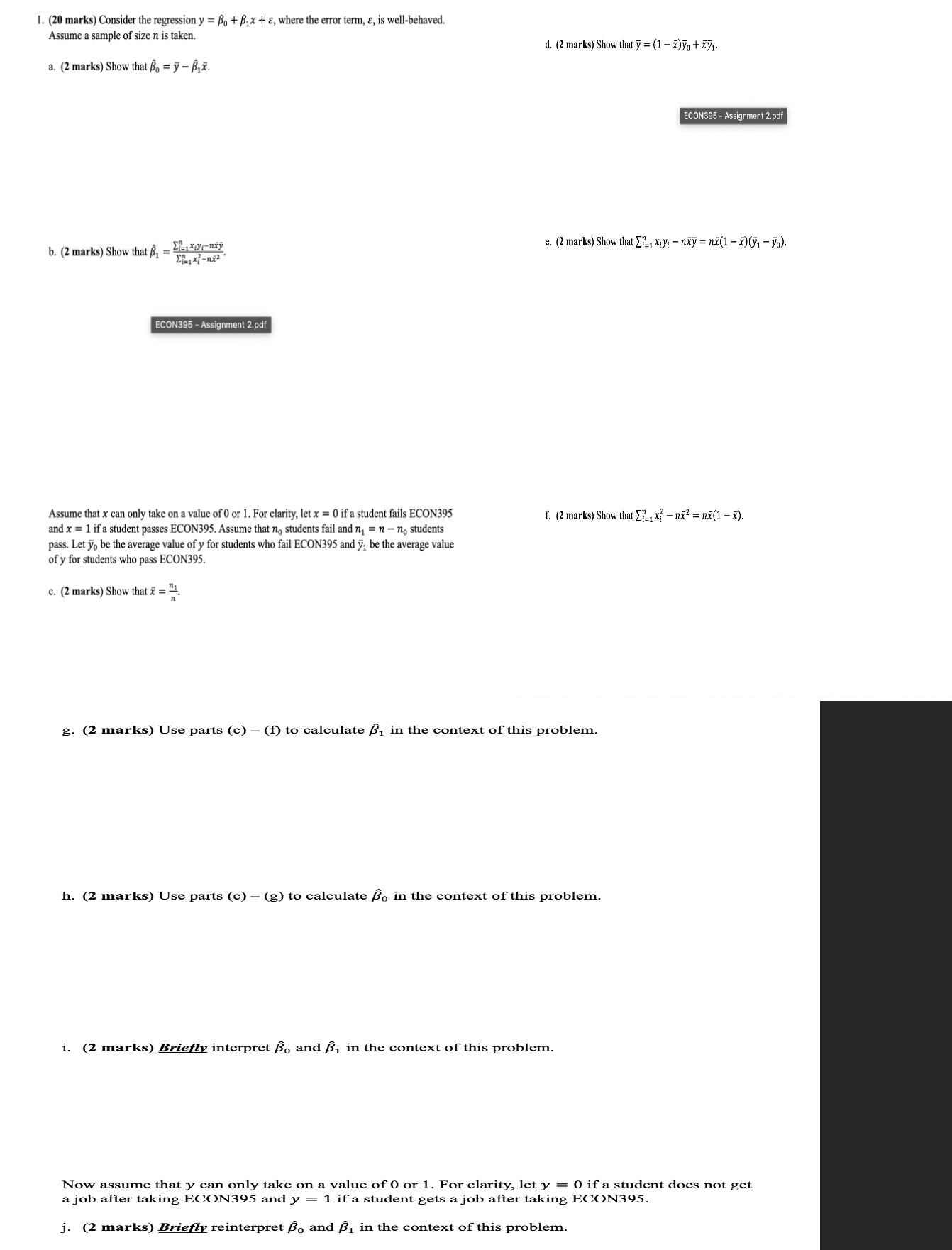 Solved (20 ﻿marks) ﻿Consider the regression y=β0+β1x+ε, | Chegg.com