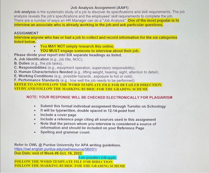 Solved Job Analysis Assignment (AA#1) Job analysis is the | Chegg.com