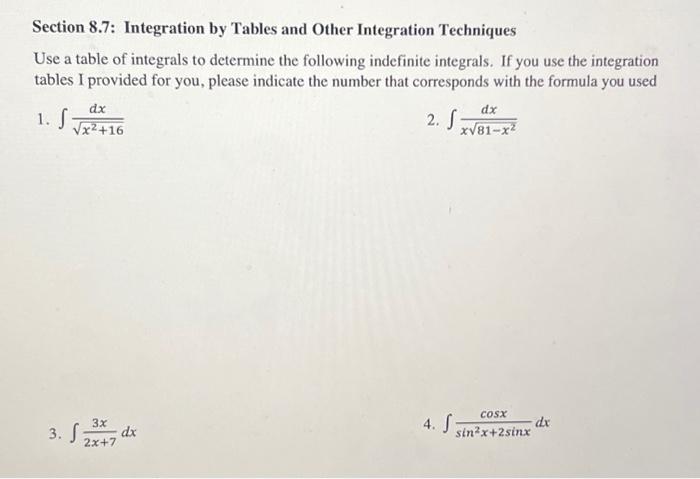 Solved Section 8.7: Integration by Tables and Other | Chegg.com