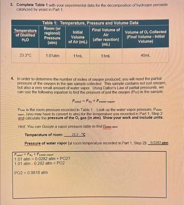 3. Complete Table 1 with your experimental data for | Chegg.com