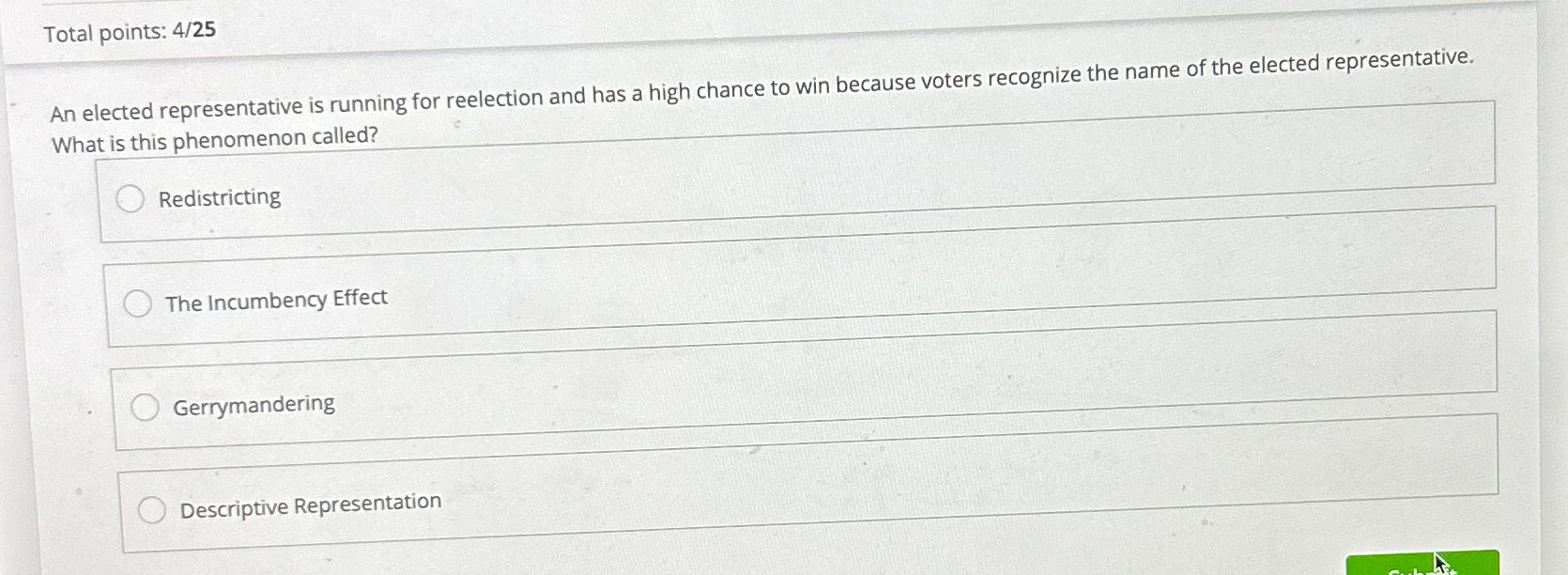 Solved Total points: 4/25An elected representative is | Chegg.com