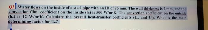 Solved Q3. Water flows on the inside of a steel pipe with an | Chegg.com