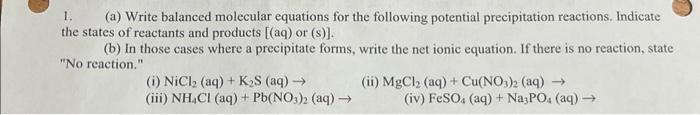 Solved 1. (a) Write balanced molecular equations for the | Chegg.com