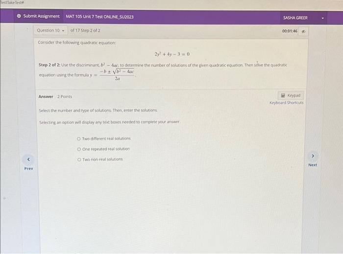 Solved Consider the following quadratic equation: 2y2+4y−3=0 | Chegg.com