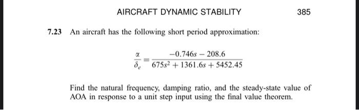 Solved 7.23 An aircraft has the following short period | Chegg.com