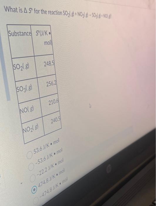 Solved What is ΔS∘ for the reaction SO2( g)+NO2( g)−SO2)g+NO | Chegg.com