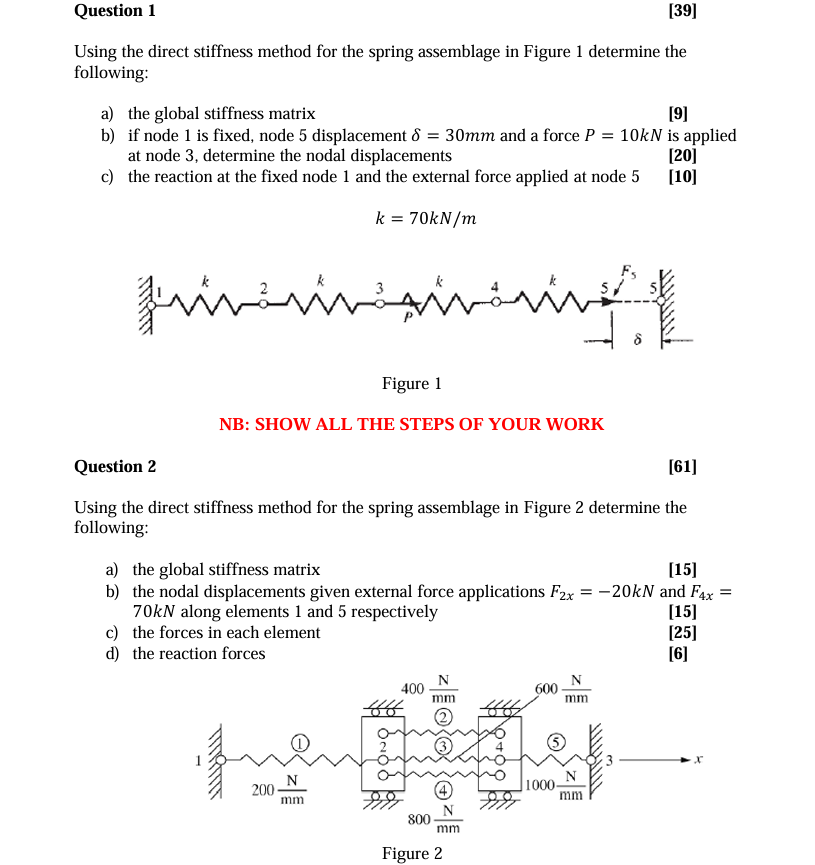 Solved Question 1 ﻿Using the direct stiffness method for the | Chegg.com