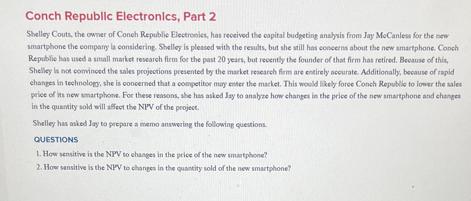 Solved Conch Republic Electronlcs, Part 2Shelley Couts, the | Chegg.com