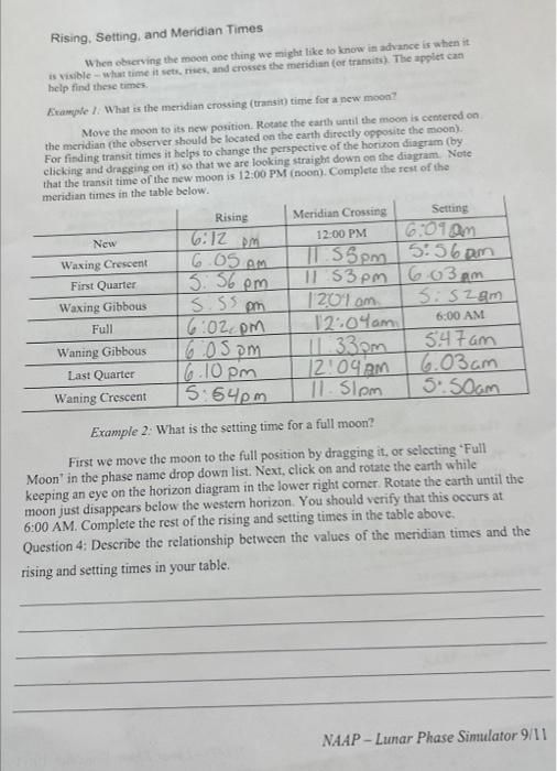 Rising, Setting, and Meridian Times When obrerving | Chegg.com