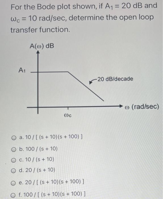 Solved = For the Bode plot shown, if A1 = 20 dB and Wc = = | Chegg.com
