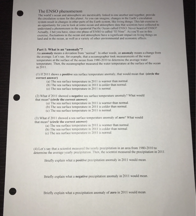 Solved The ENSO phenomenon The world's ocean and atmosphere | Chegg.com