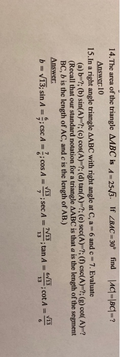 Solved 14. The area of the triangle AABC is A =25/3. If ZBAC | Chegg.com