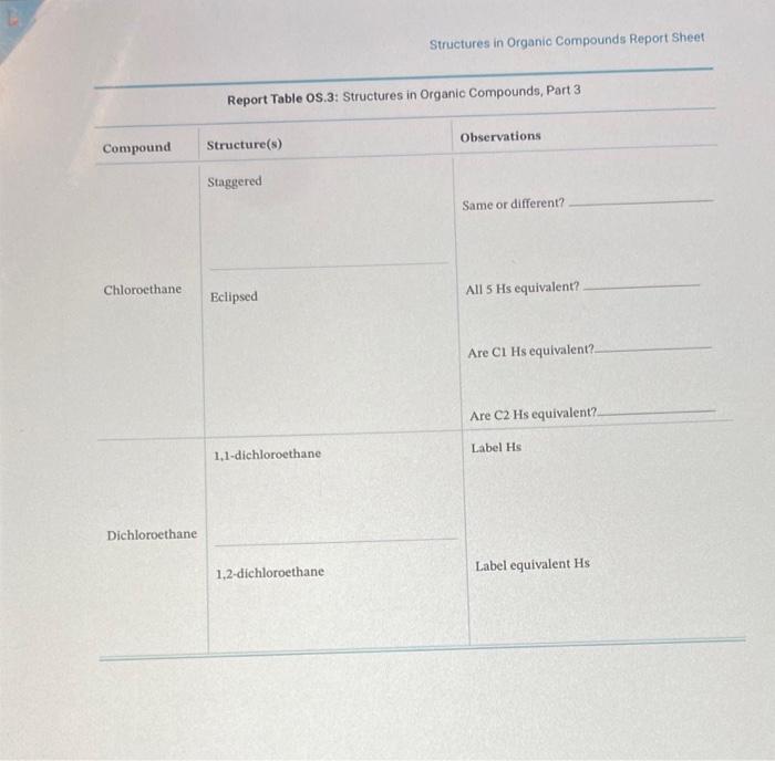 Solved Structures in Organic Compounds Report Sheet | Chegg.com