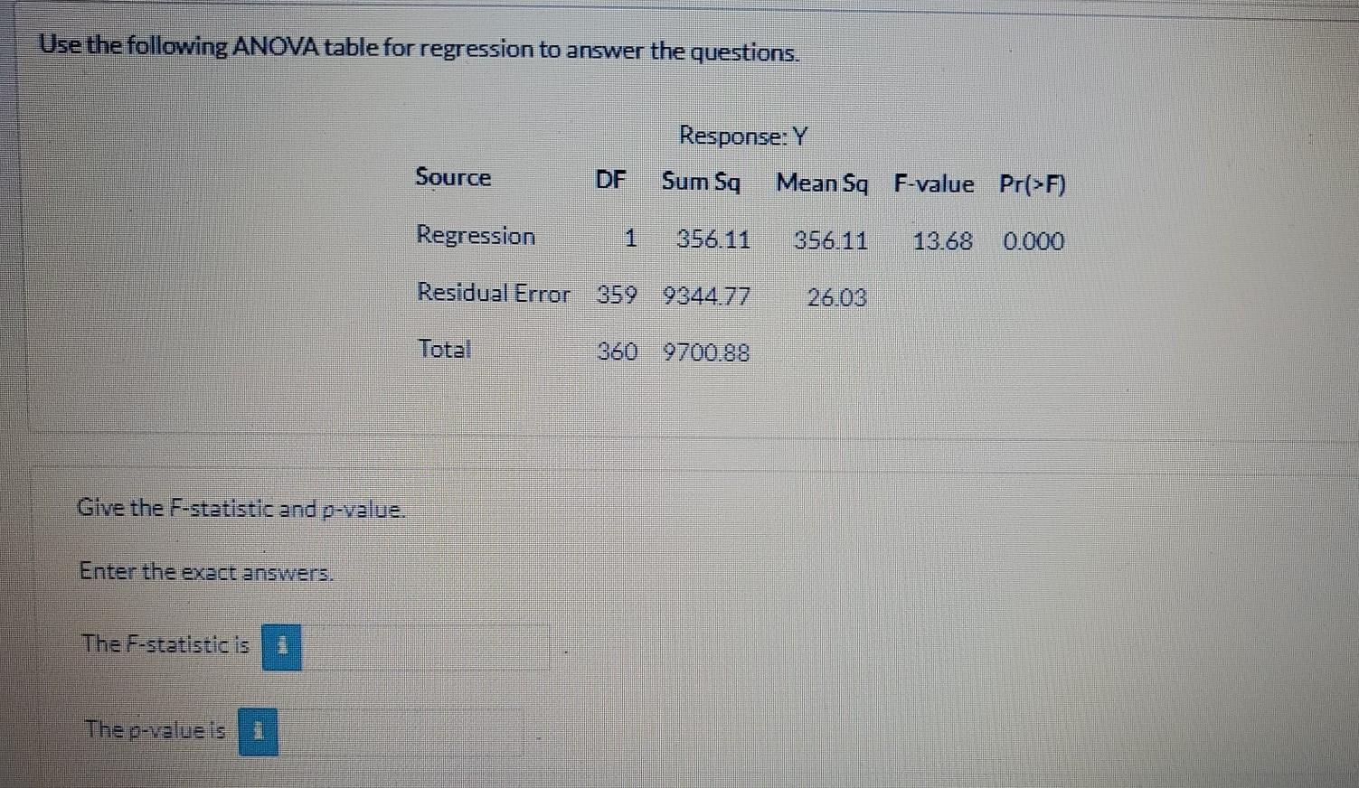 Solved Use the following ANOVA table for regression to | Chegg.com