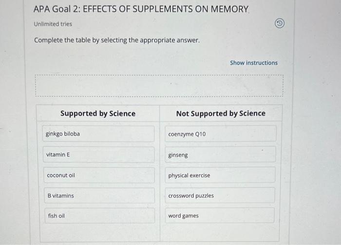Solved APA Goal 2: EFFECTS OF SUPPLEMENTS ON MEMORY | Chegg.com