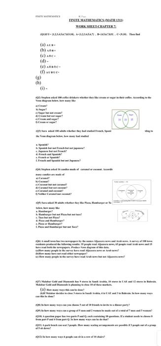 Solved FINITE MATHEMATICS (a) AUB= (b) ANB= (C) ANC= (d) = | Chegg.com